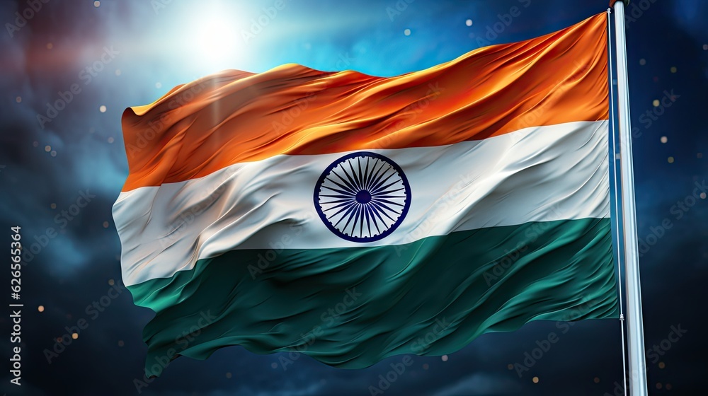 Indian flag with blue sky background and sun ray, Indian Independence ...