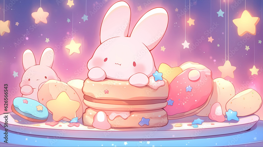 hand drawn cartoon illustration of cute rabbit eating dessert cake ...