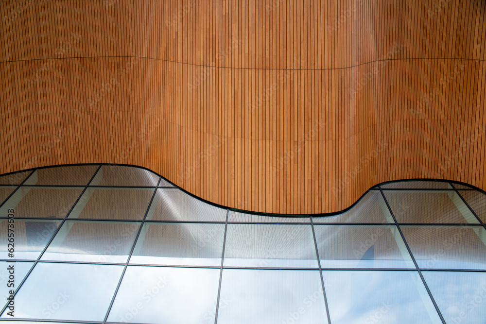 part of a modern building in Norway, with floating wooden structure and ...