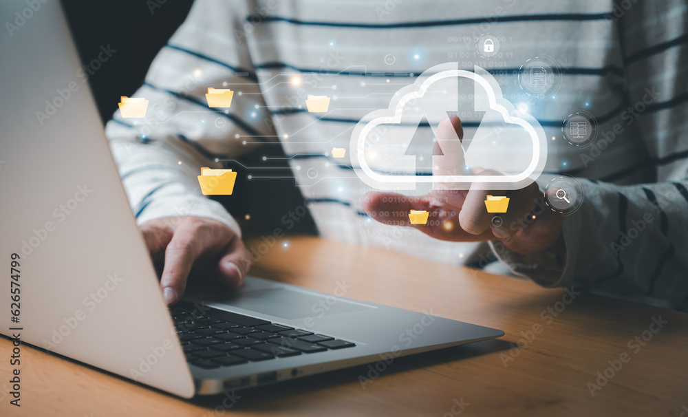 Business person migrate data and corporate information into cloud technology for data security ...