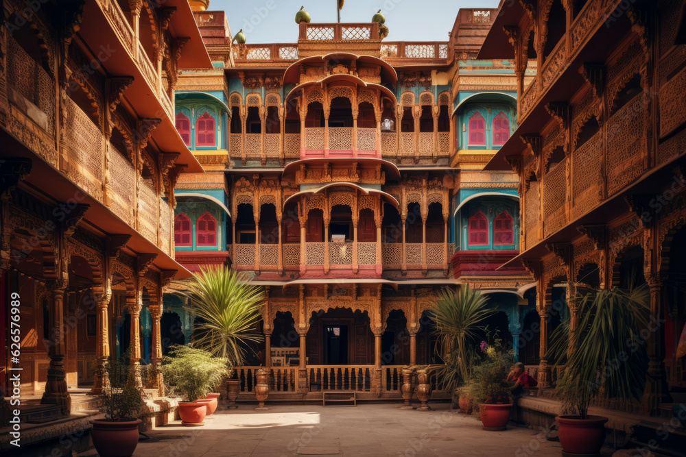 View of an Indian haveli a grand mansion house with intricate carved ...