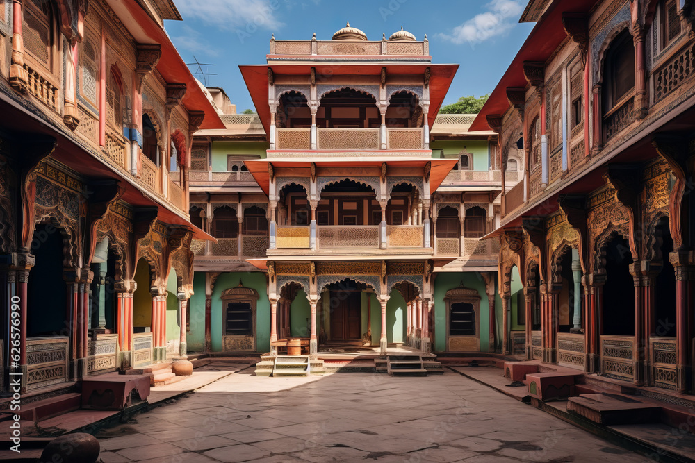 View of an Indian haveli a grand mansion house with intricate carved ...