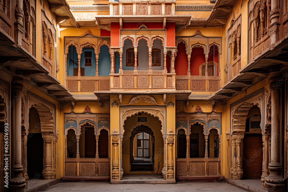 View of an Indian haveli a grand mansion house with intricate carved ...