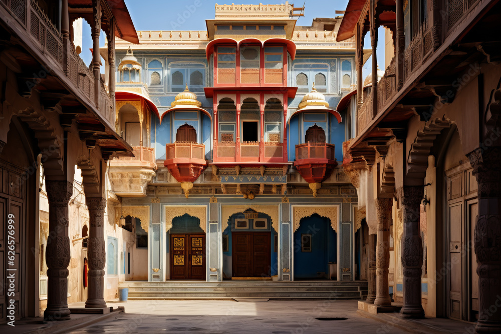 View of an Indian haveli a grand mansion house with intricate carved ...
