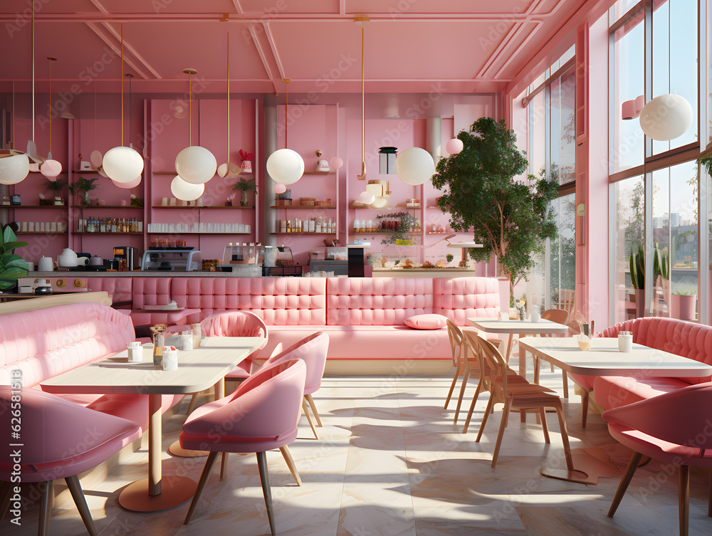 Modern retro barbiecore interior bar design with full-height windows ...