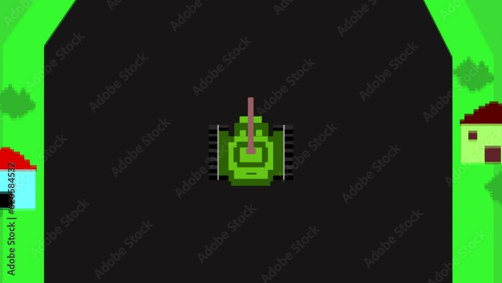 Animated video of a computer game of an 8-bit war tank on the street ...