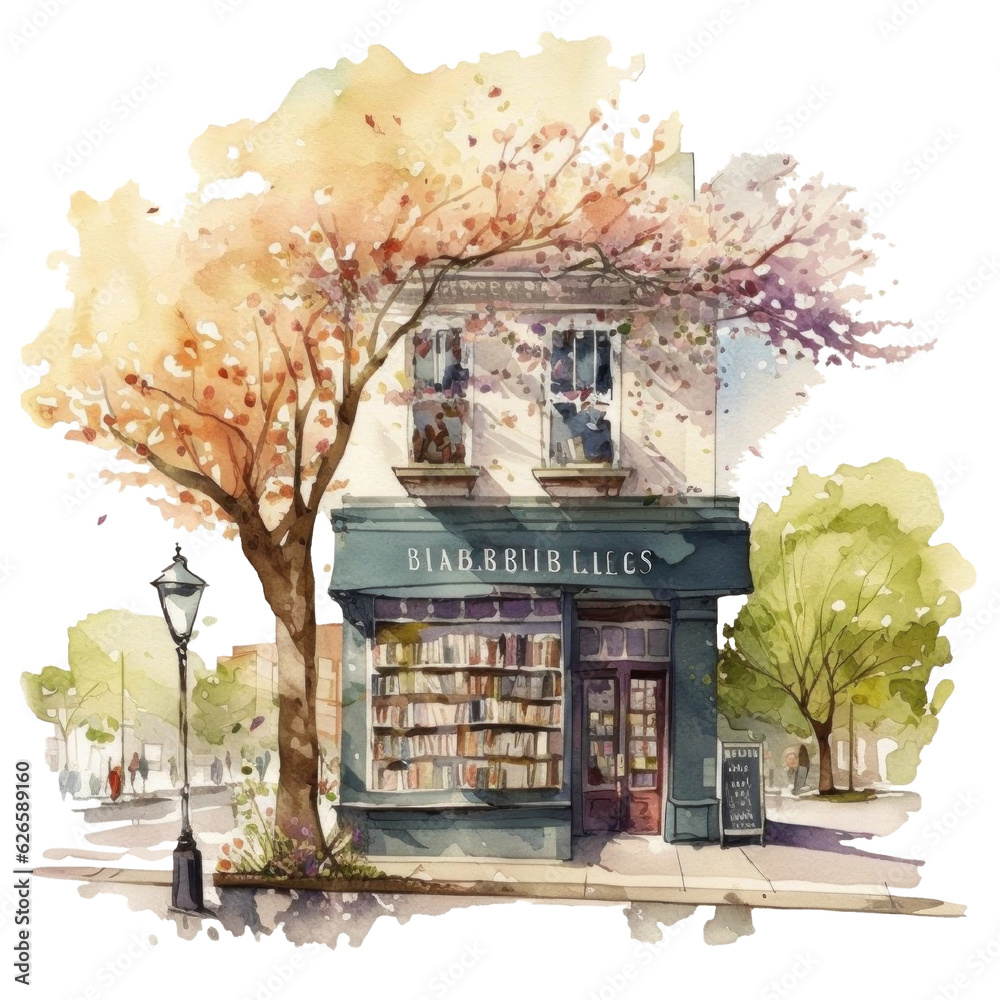 Bookstore building with a blooming tree, spring street watercolor ...
