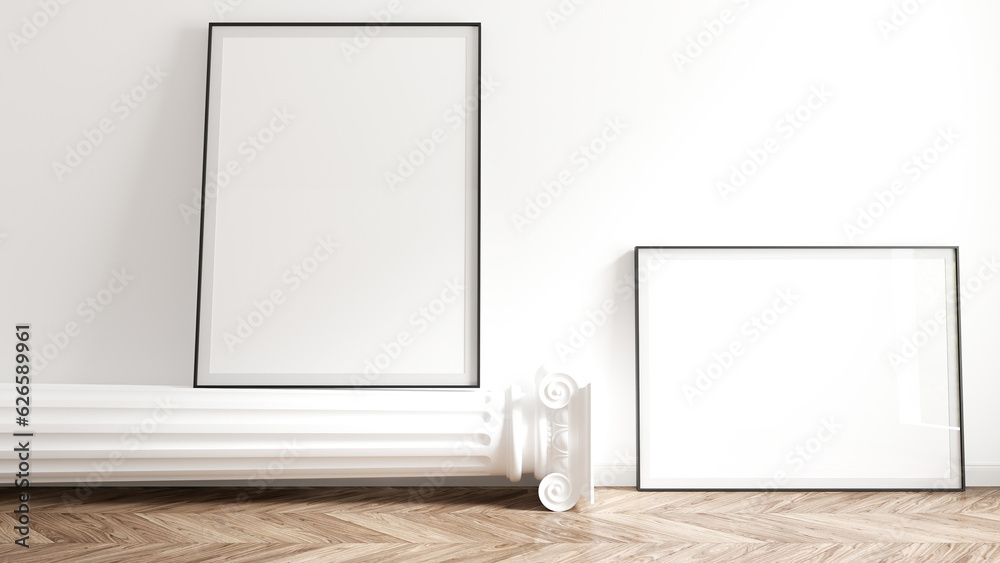 White room apartment, wooden parquet floor, empty picture frames, Roman ...