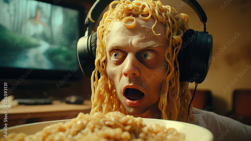 Man watching false news getting cheated with surprised face and noodles ...