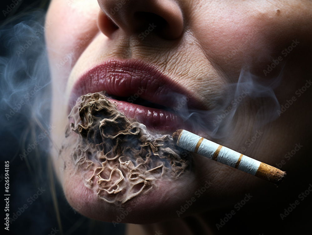 A close-up photo of a woman's lips stained by smoking, with the ...