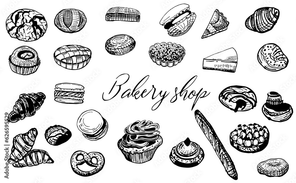 Bakery shop set baguette, cakes, croissant, donuts, muffins, macaroons ...