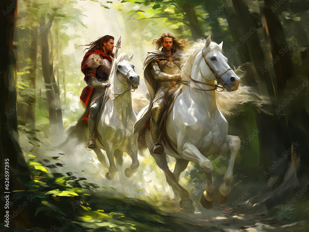 Nibelung hoard. Hagen of Tronje and Siegfried the Dragon Slayer ride ...