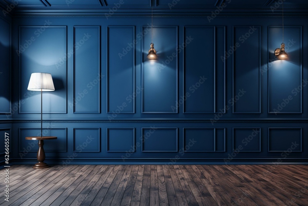 Blue wainscot beadboard wall with wooden floor background. Interior ...