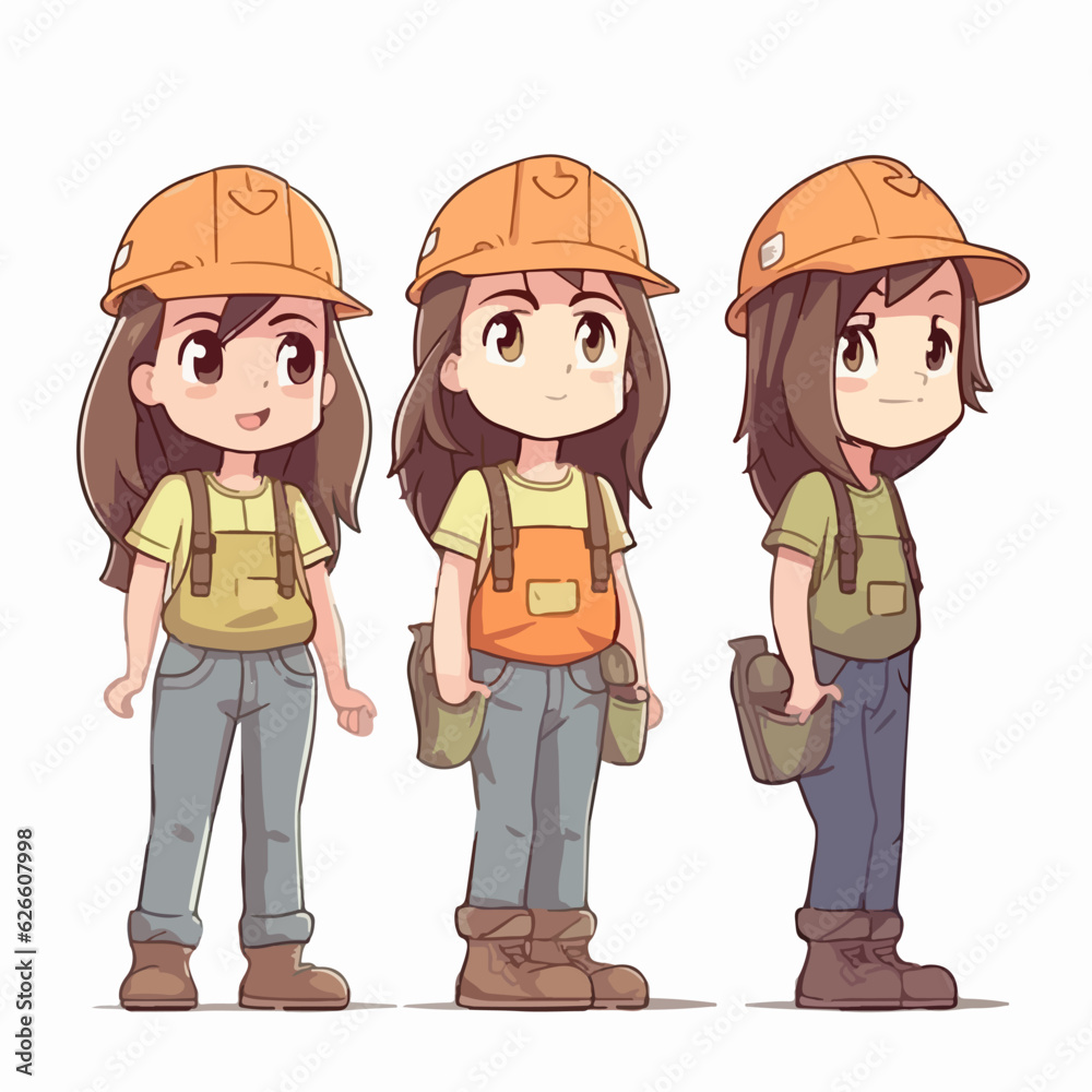 Builder kid in construction clothes, cartoon illustration, young girl ...