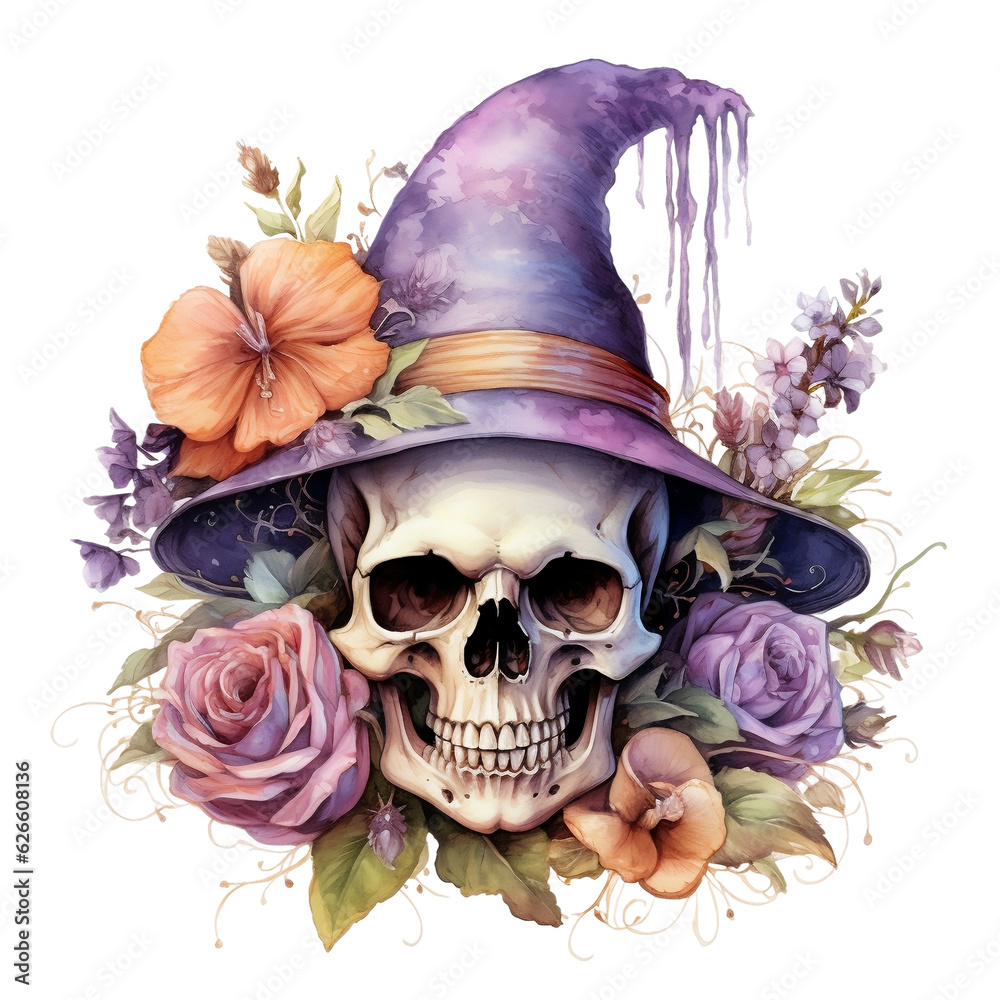 Witch Skull Watercolor Clipart Collection, Skull Illustration, Skull ...