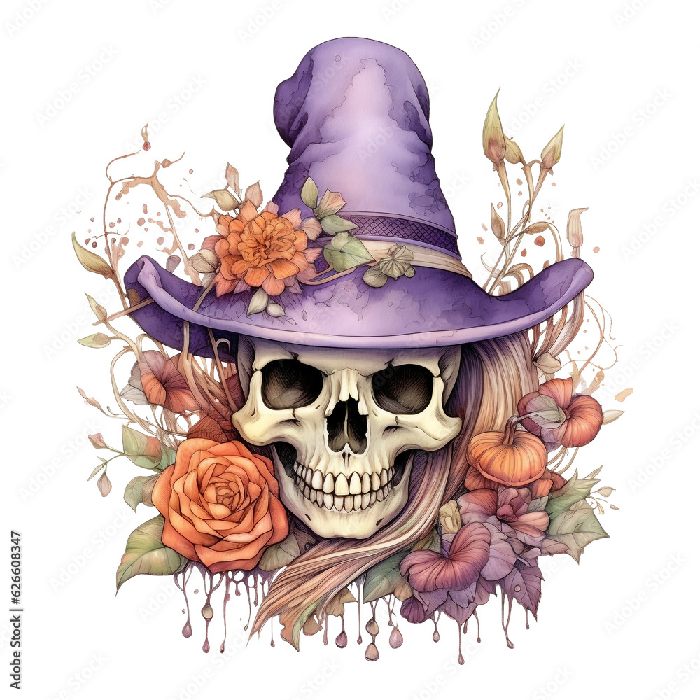 Witch Skull Watercolor Clipart Collection, Skull Illustration, Skull ...