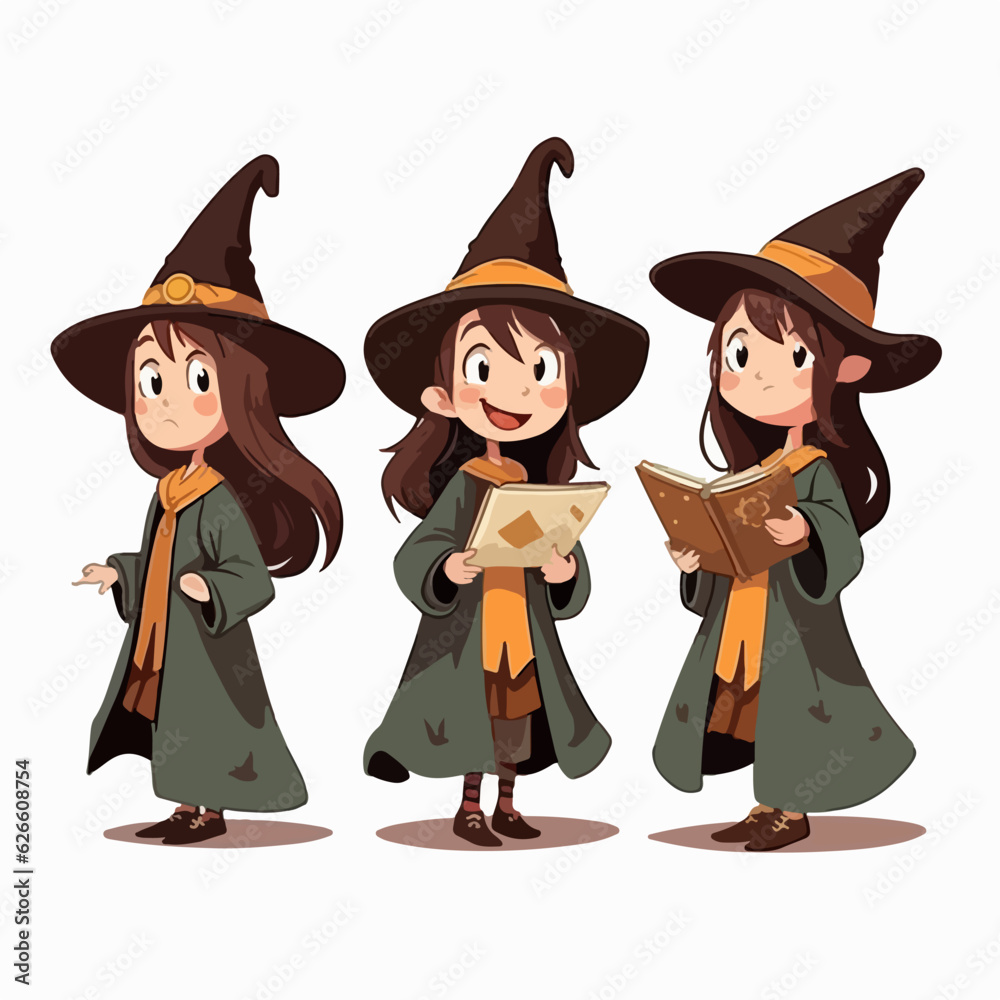 Wizard kid with sorcerer's outfit, vector pose, young girl, cartoon ...