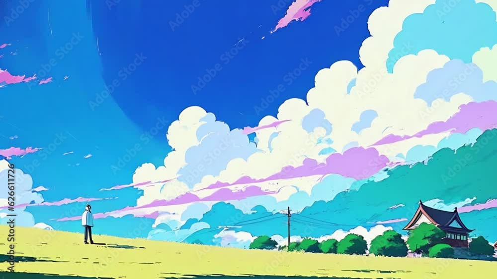 Countryside landscape in anime style. High mountains, green field with ...