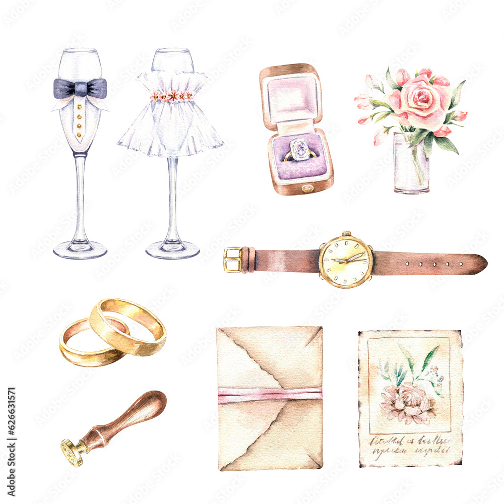 Watercolor wedding clipart set. Hand drawn illustrations isolated on ...