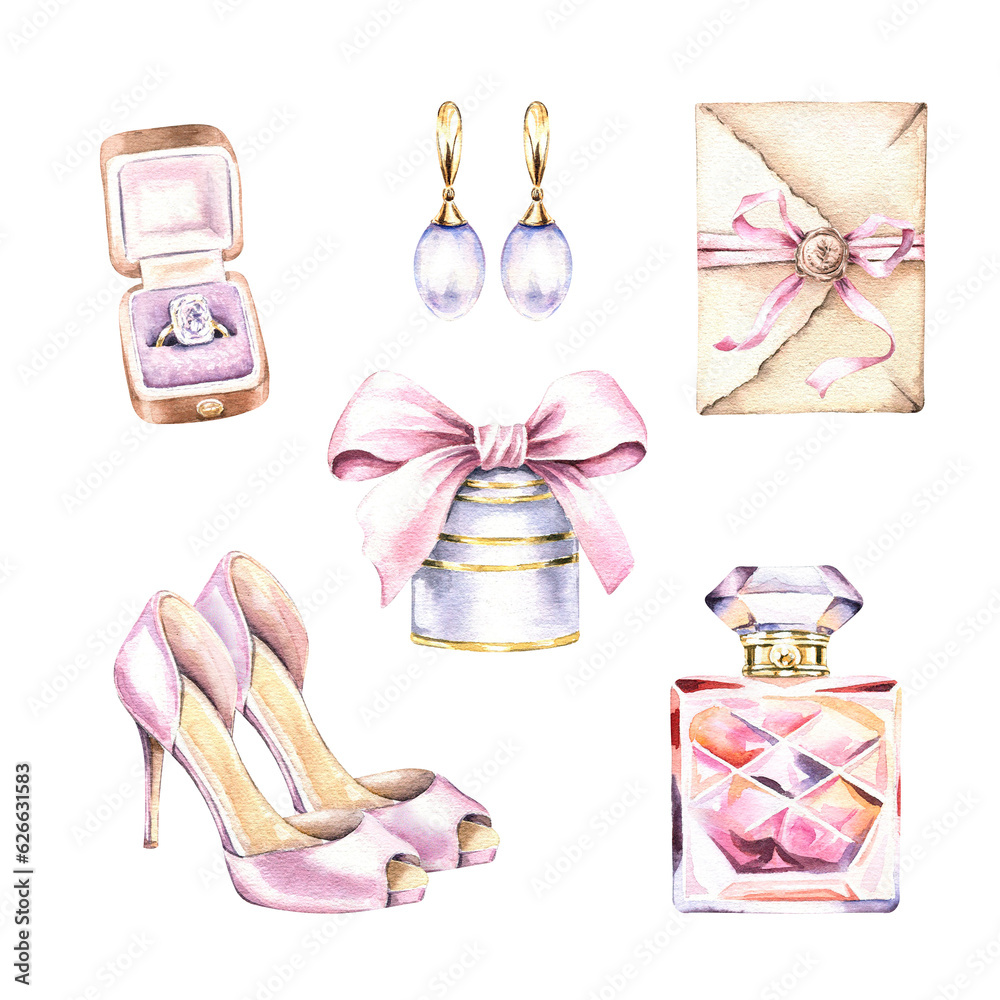 Watercolor wedding clipart set. Hand drawn illustrations isolated on ...