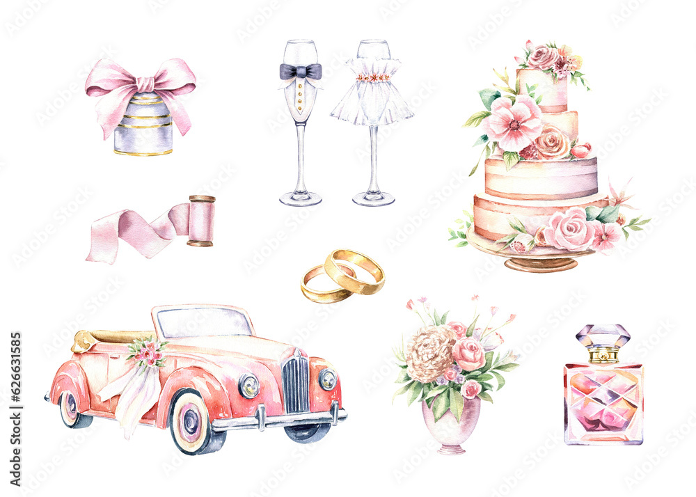 Watercolor wedding clipart set. Hand drawn illustrations isolated on ...