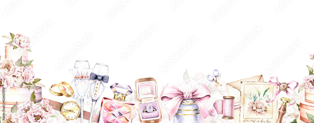 Watercolor wedding seamless border, frame template. Hand drawn ...