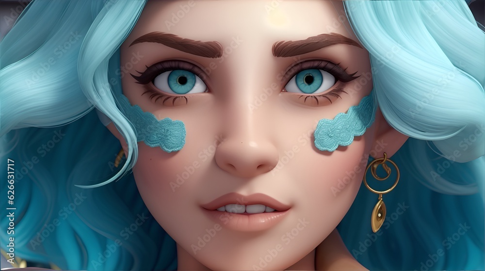 Cartoon Character with Blue Hair Girl with Vibrant Celestial Eyes ...