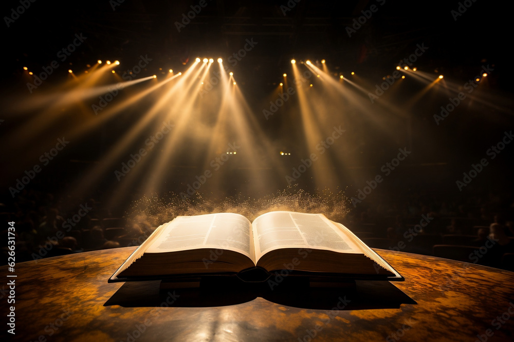 Bright spotlight from above on open bible verses on lectern Stock ...