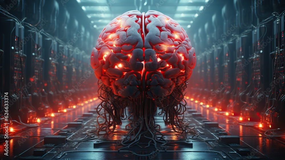 Evil red AI brain in data center. Danger of strong artificial ...