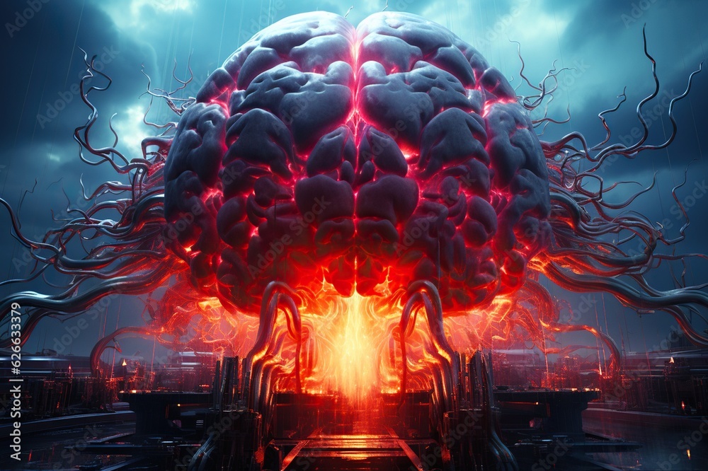 Evil red AI brain in data center. Danger of strong artificial ...