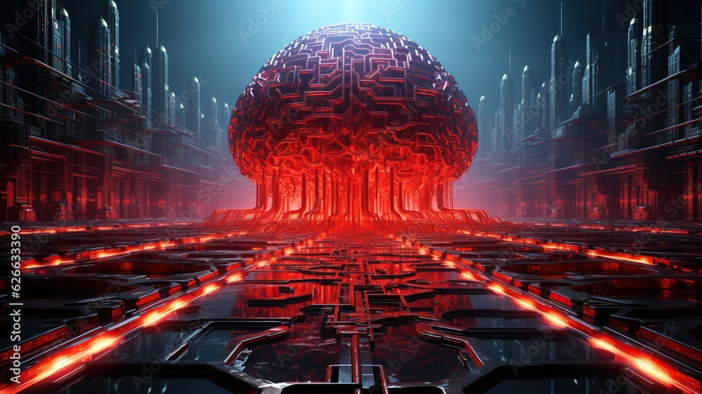 Evil red AI brain in data center. Danger of strong artificial ...
