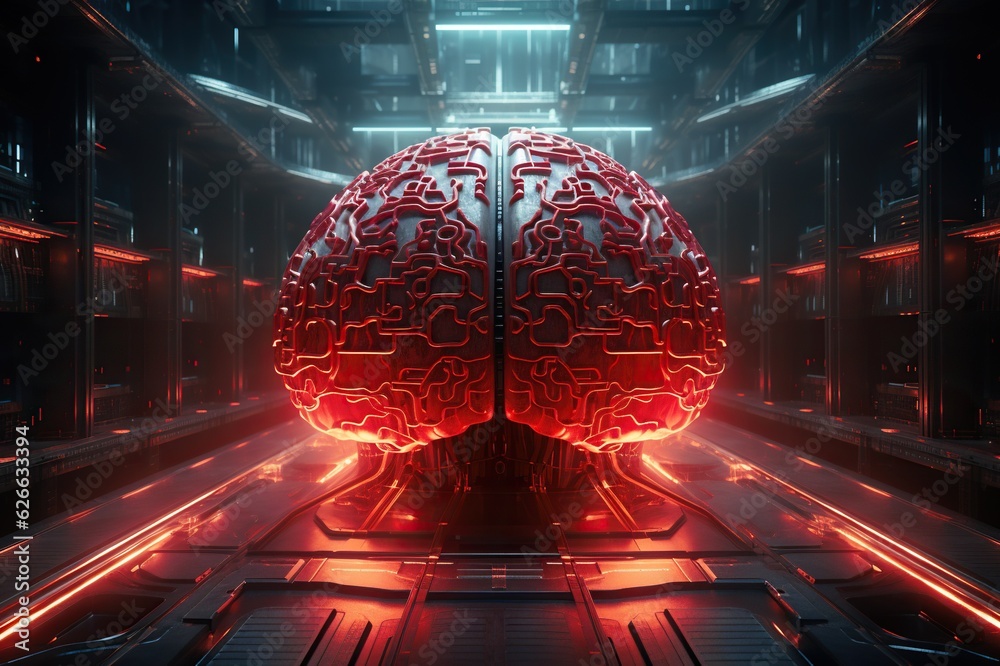 Evil red AI brain in data center. Danger of strong artificial ...