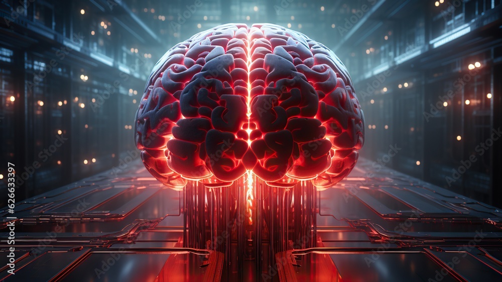 Evil red AI brain in data center. Danger of strong artificial ...