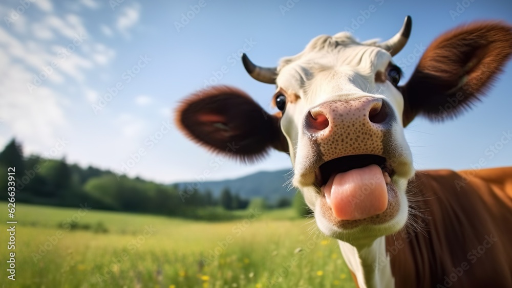 Funny surprised cow with goofy face in sunny meadow, green farmland ...
