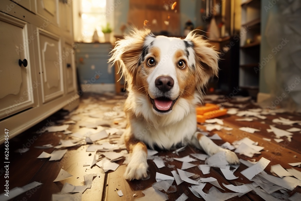 Foto de Naughty dog made a mess at home, tore up papers and documents ...