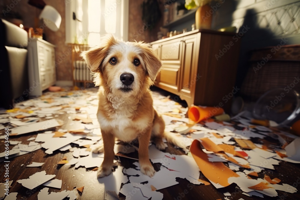 Foto de Naughty dog made a mess at home, tore up papers and documents ...