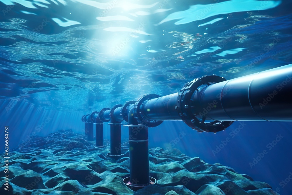 Underwater pipeline for oil and gas transport, subsea industry equipment at sea bottom, metal ...
