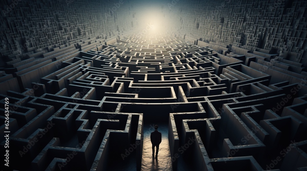Man in surreal maze, facing labyrinth challenge, complex problem ...
