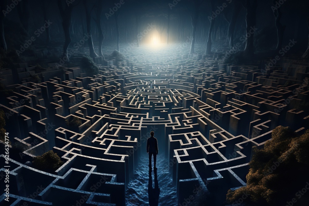 Man in surreal maze, facing labyrinth challenge, complex problem ...