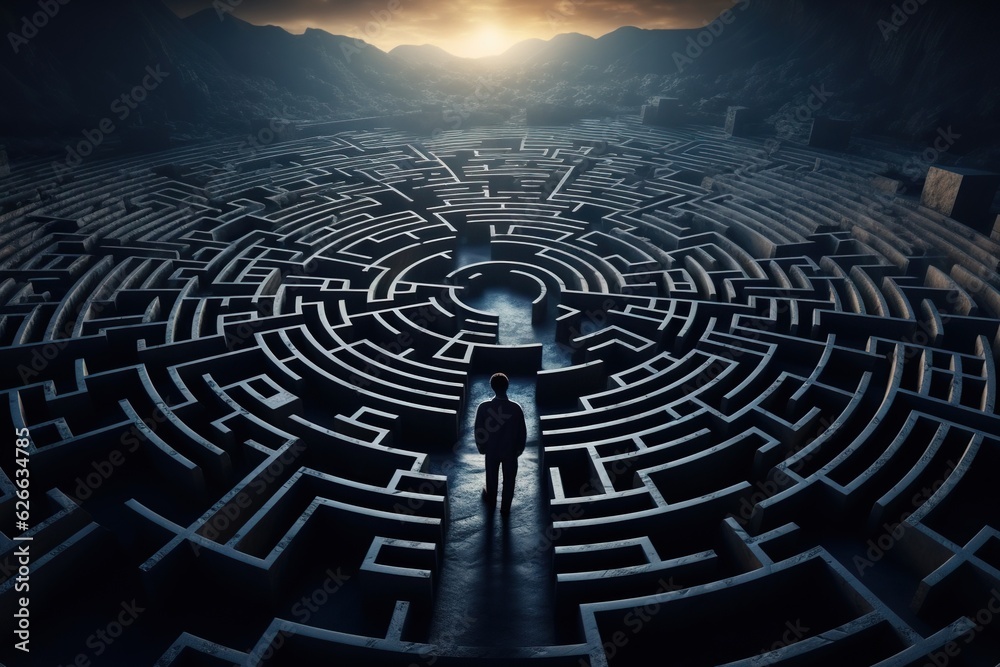 Man in surreal maze, facing labyrinth challenge, complex problem ...