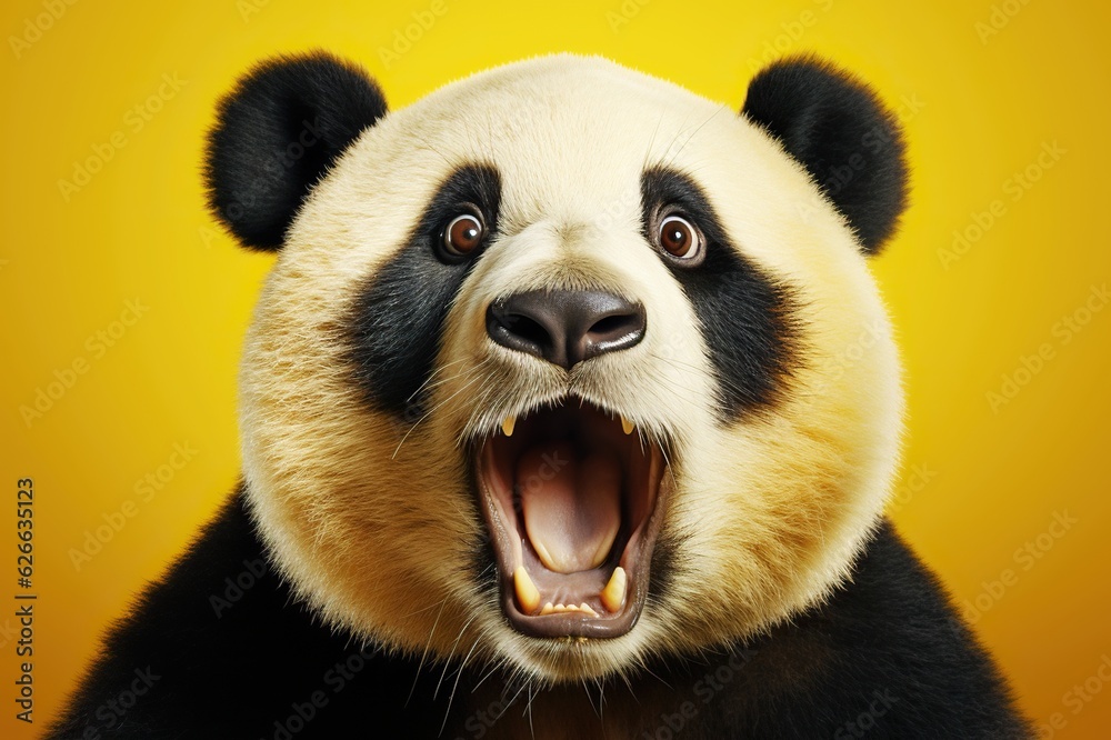 Shocked panda with big eyes isolated on yellow background, funny animal ...
