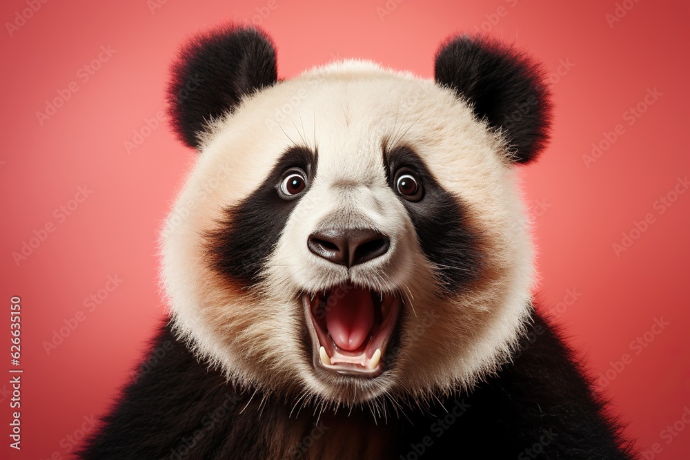 Shocked panda with big eyes isolated on red background, funny animal ...