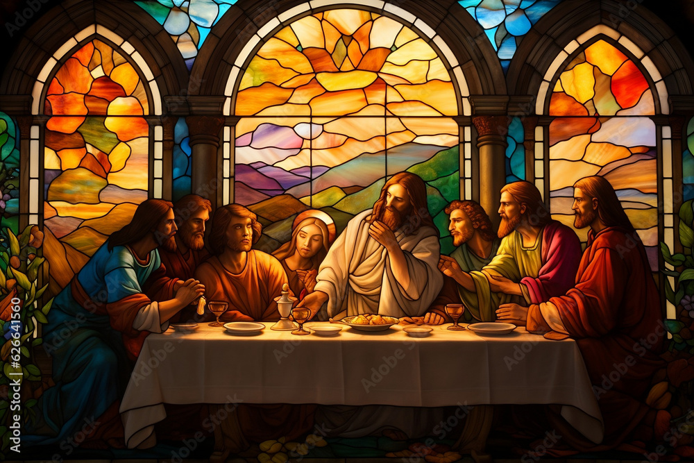 Stained glass mural of the last supper scene with Jesus and disciples ...
