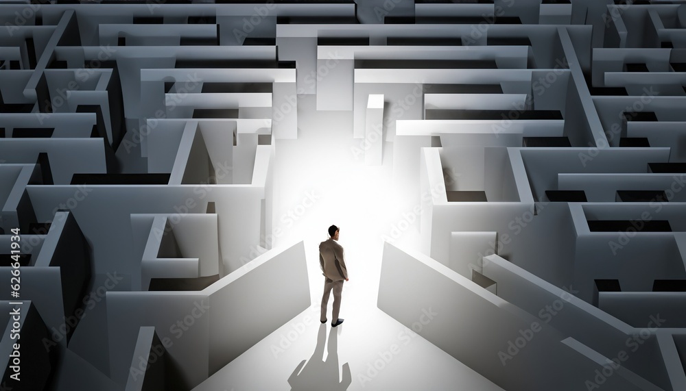 Man silhouette in maze or labyrinth. Finding solution and self concept ...