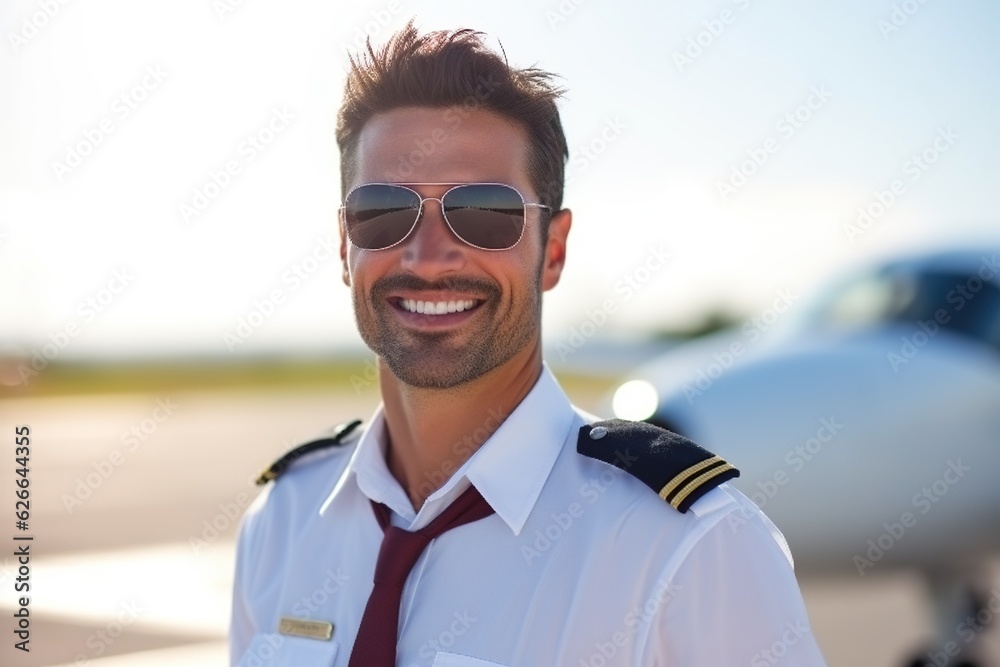 Foto de Confident pilot with sunglasses in uniform, portrait of happy ...