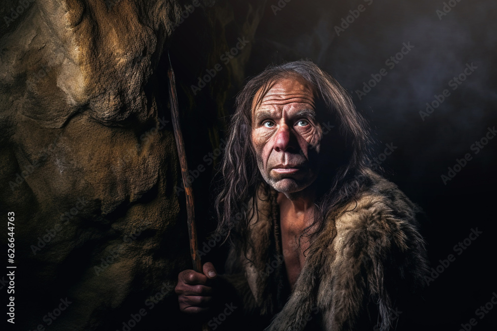 Portrait of a neanderthal man, prehistoric human, tribal caveman in a ...