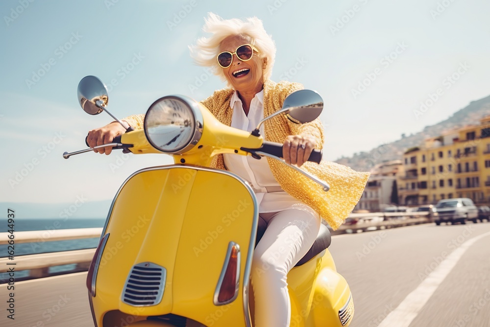 Cheerful senior woman riding yellow scooter in Italy, retired granny ...