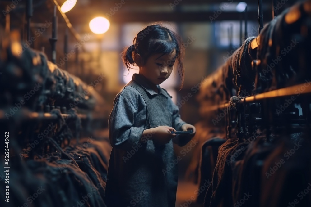 Child labour in asian factory, young girl forced to sew clothes under ...