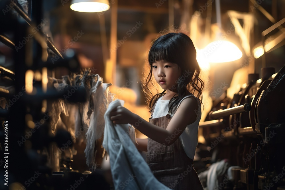 Foto de Child labour in asian factory, young girl forced to sew clothes ...