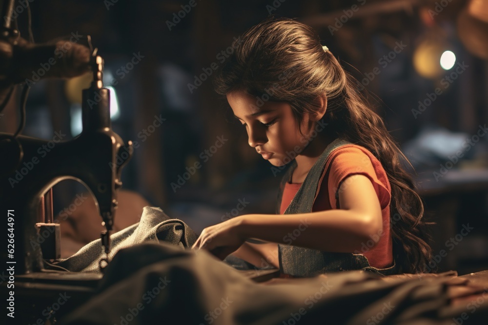 Child labour in asian factory, young girl forced to sew clothes under ...
